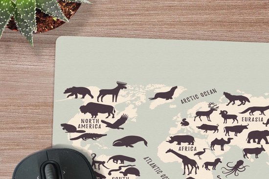 Muismat - Mousepad - Wereldkaart Kinderen - Dieren - Beige - 30x30 cm ...