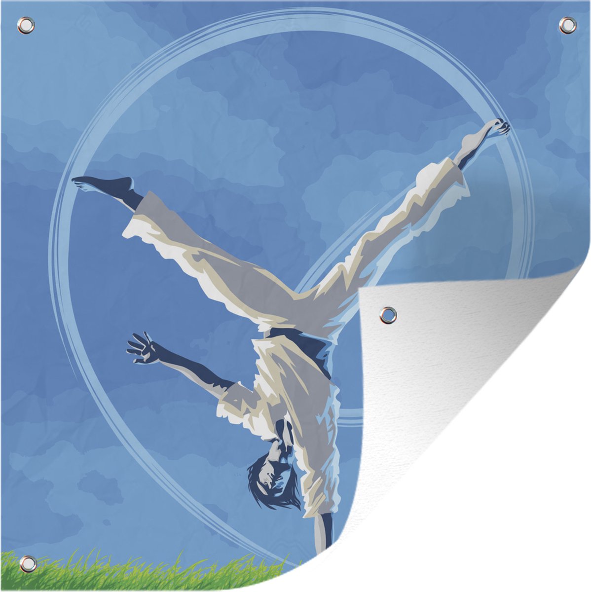 Tuindoek Een man doet een radslag tijdens capoeira - 100x100 cm | bol