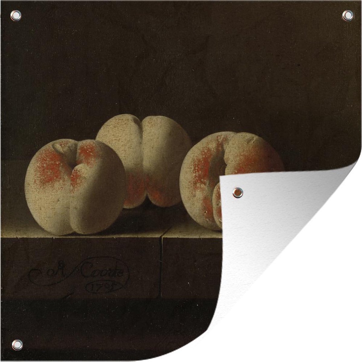 Posters de jardin Trois pêches sur un plint en pierre - peinture d ...