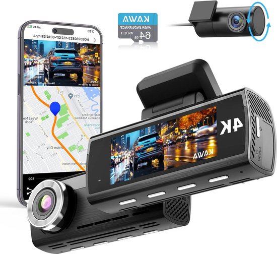 4K Dashcam 64GB SD-kaart wifi voor en achter GPS 316 inch IPS-scherm ...