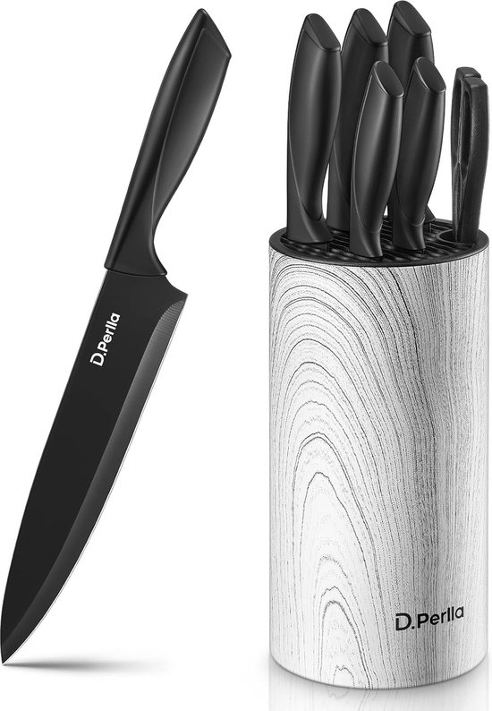 Messenblok, 7-delig messenblok met messen, roestvrij staal, zwart, mes ...