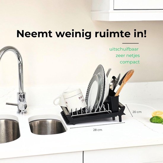 Compact Uitschuifbaar Afdruiprek Zwart - Klein Afwasrek met Lekbak ...