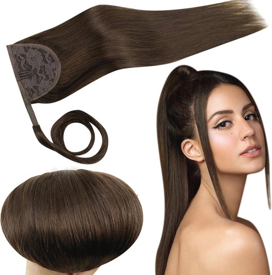 Ponytail Extensions Menselijk Haar Chocolade Bruin 40cm - Gladde Clip ...
