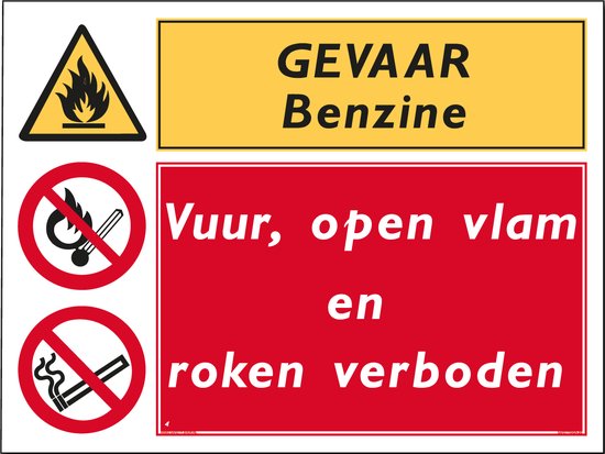 Gevaar Benzine Vuur, open vlam en roken verboden combinatiebord - Bord ...