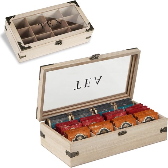 Vintage theedoos voor theezakjes - 12 vakken - houten theedoos met ...
