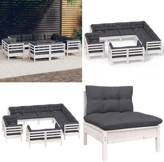 vidaXL 11-delige Loungeset met kussens massief grenenhout wit ...
