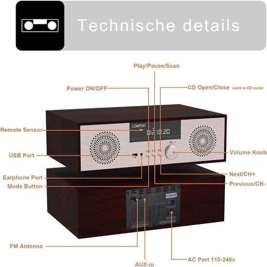 Compacte Stereo-installatie 40W HiFi Systeem – CD, Bluetooth, USB ...