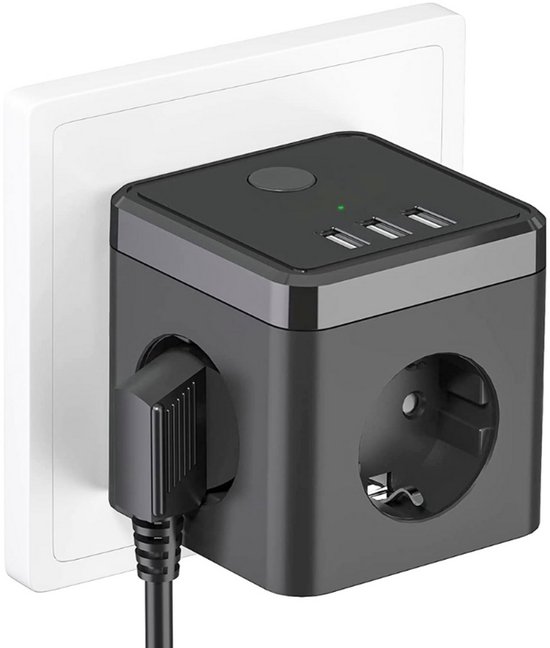 Compacte Stekkerdoos 3S3U – Zwart – Zonder Snoer – 3x 230V & 3x USB | bol
