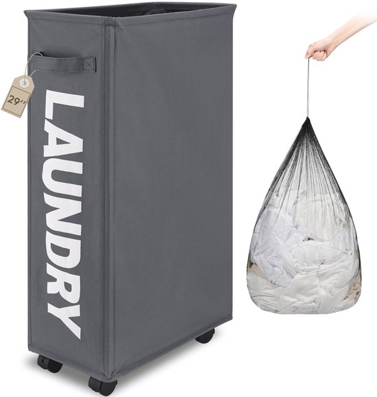 TOTANKI Grote wasmand, hoog en smal, opvouwbare mobiele wasmand met 4 ...