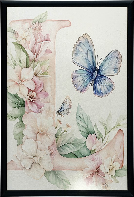 Muurposter Letter L Met Bloemen En Vlinder In Gouden Lijst 30X40 | bol