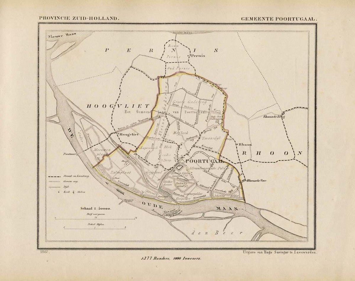 Historische kaart, plattegrond van gemeente Poortugaal in Zuid Holland ...