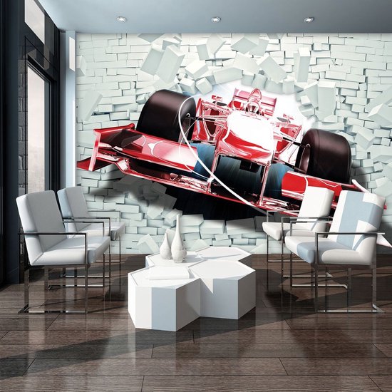 Fotobehang - Vlies Behang - Rode Formule 1 Auto uit Stenen Muur 3D ...