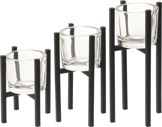 Kaarshouders - 3 stuks - glas - met zwart metalen standaard ...