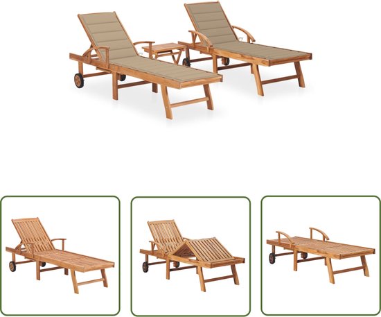 vidaXL Ligbedden 2 st met tafel en kussens massief teakhout - Ligbed ...