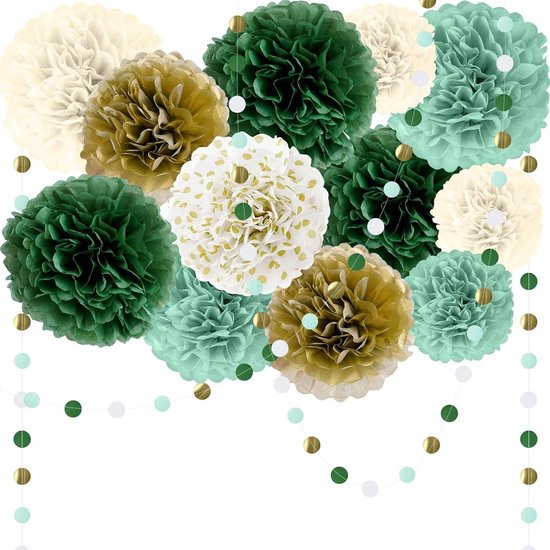15 groene zijdepapieren pompons slinger - decoratie bruiloft verjaardag ...