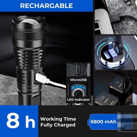 Oplaadbare Krachtige Led-Zaklamp met Batterij-Indicator - Waterdicht en USB Oplaadbaar... | bol