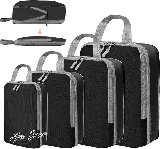 Mrs. Jones Packing Cubes Compression Travel Organizer zwart met rits ...