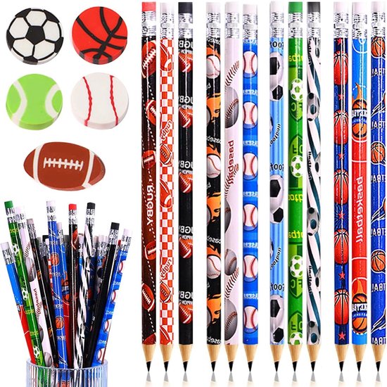63pc Sports Pencils with Ball Erasers - Funny Wooden Pencils - HB ...