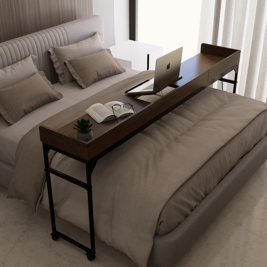 Dreamdesk Bedtafel - Verstelbare overbed tafel met wielen - Espresso ...