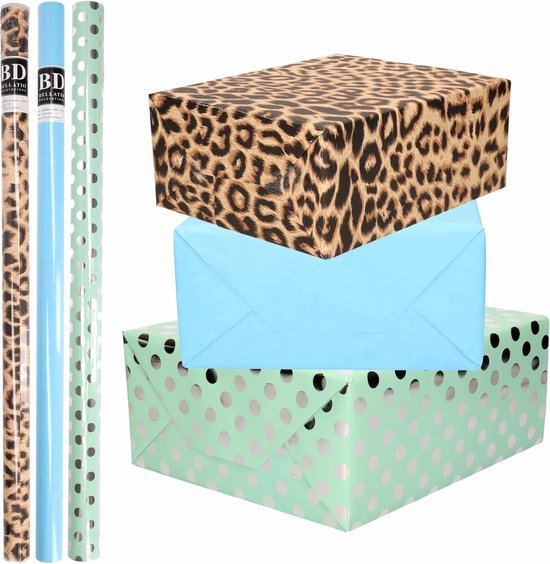 6x Rollen kraft inpakpapier/folie pakket - panterprint/blauw/groen ...