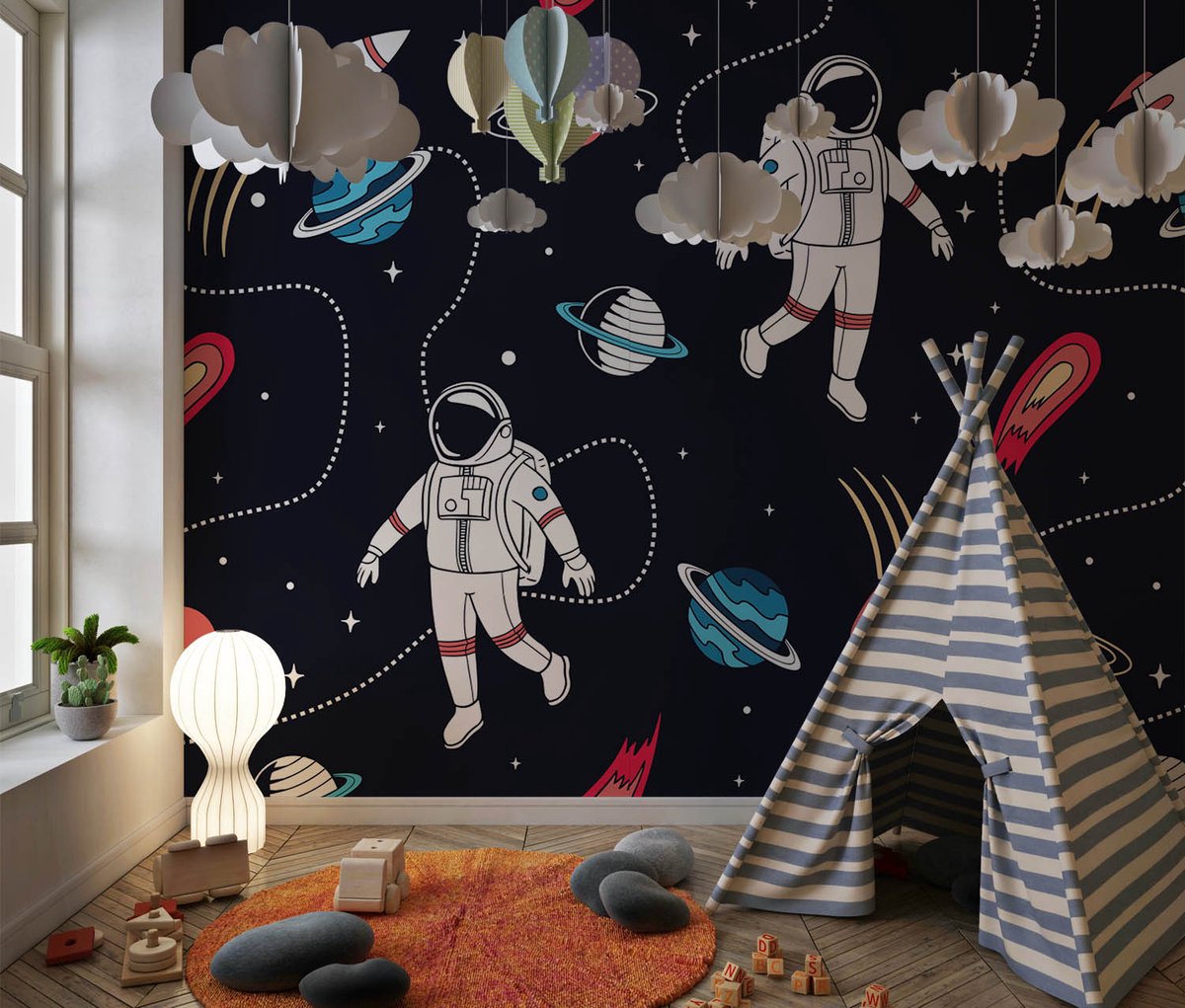 Astronaut in Space with Rockets | Decoratie | Jongens behang ...
