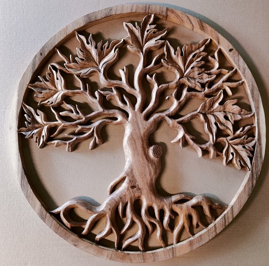 Wandpaneel Hout Rond Levensboom Met Bladeren 60cm - Wanddecoratie ...