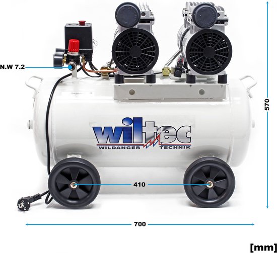Geluidsarme luchtcompressor met 50 l tank, 2 pk, 220 l/min en 2x 750W | bol