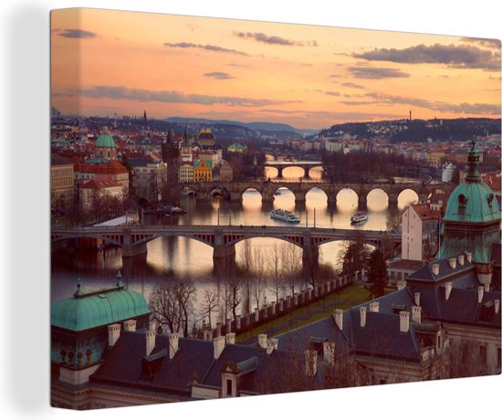 Canvas Schilderij Zonsondergang - Praag - Bruggen - 150x100 cm ...