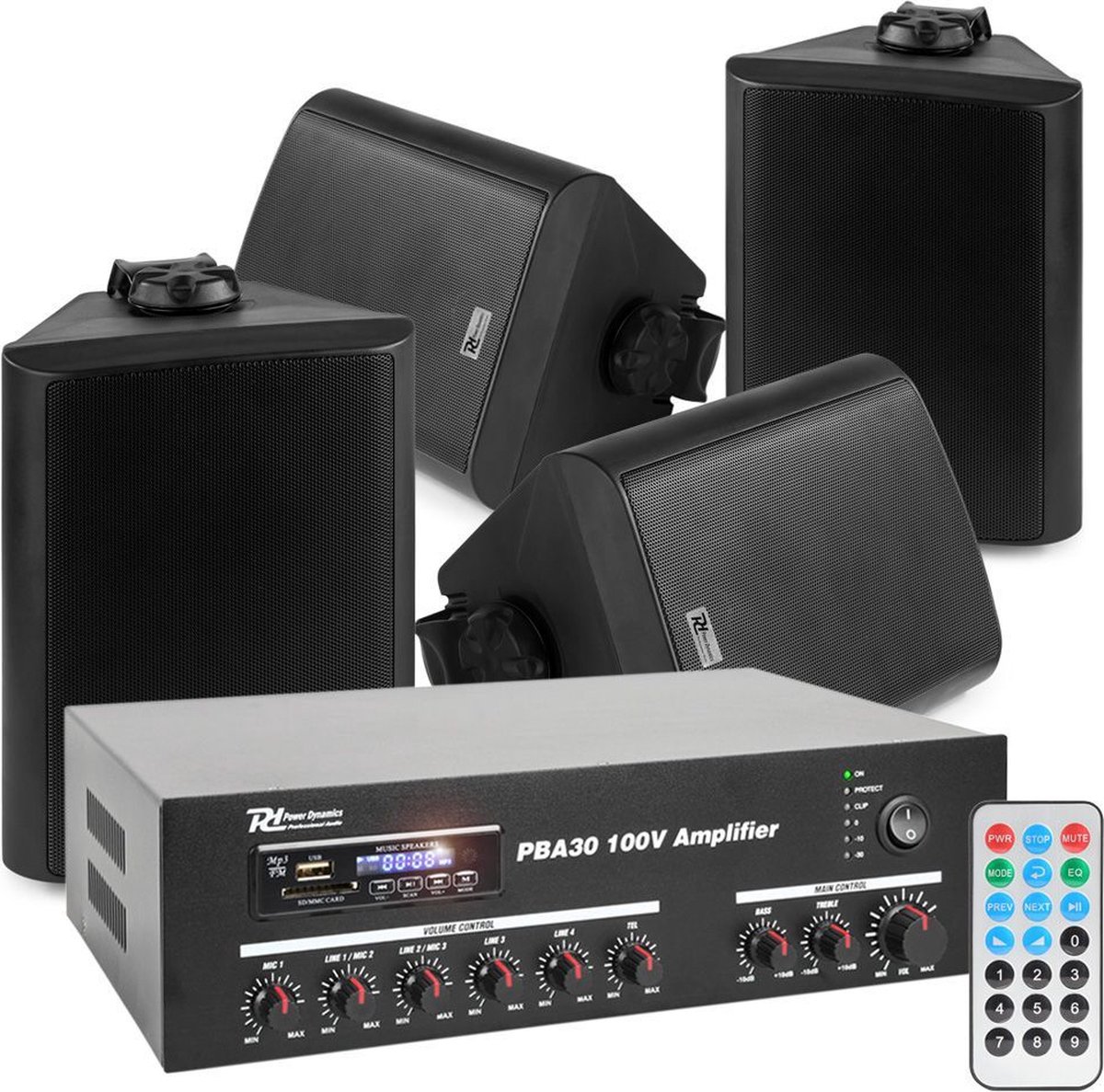 Power Dynamics PBA30 100V geluidsinstallatie met 4 zwarte ...