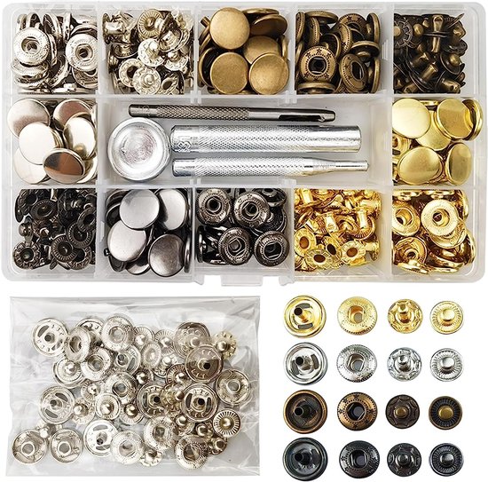 90 Sets Metalen Drukknopen Kit - 4 Kleuren (Goud, Zilver, Brons, Jet ...