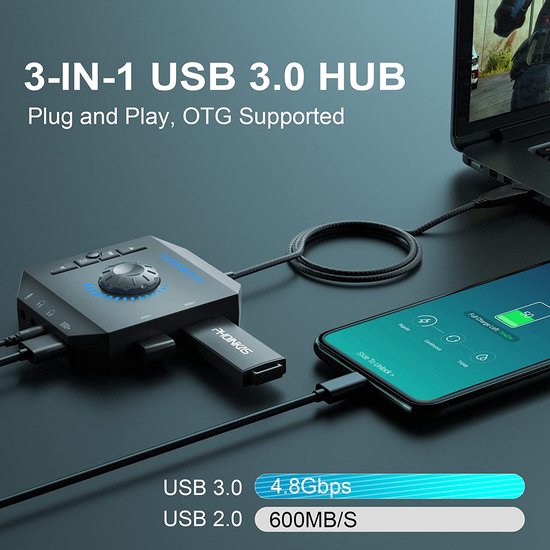 T10 externe geluidskaart, USB Hub - PHOINIKAS USB-audioadapter voor pc ...