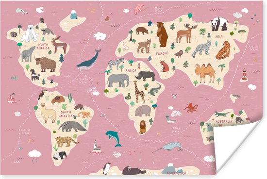 Poster kinderen - Wanddecoratie meisjes - Wereldkaart - Dieren - Aarde ...