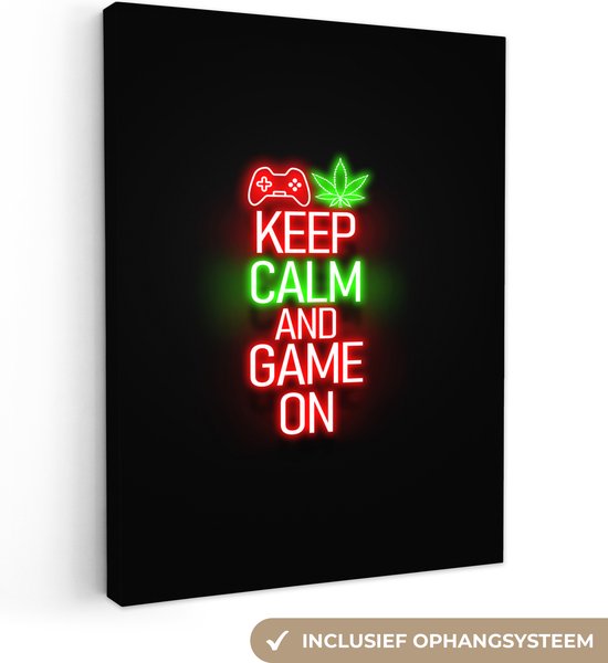 Canvas Schilderij Gaming - Neon - Keep calm and game on - Rood - Tekst ...