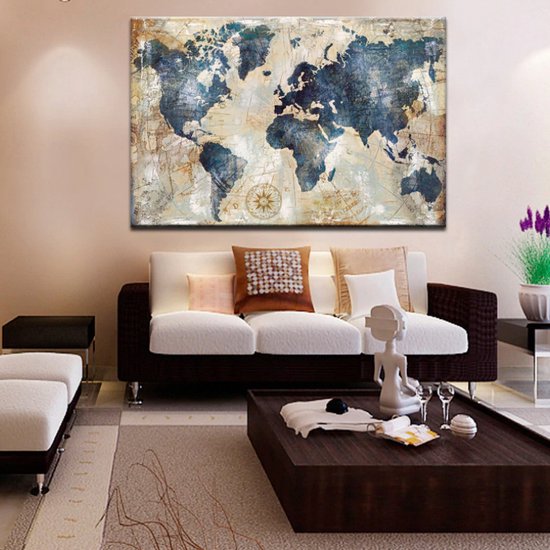 Allernieuwste.nl® Canvas Schilderij Grote Wereldkaart Blauw - Kunst aan je Muur -... | bol.com