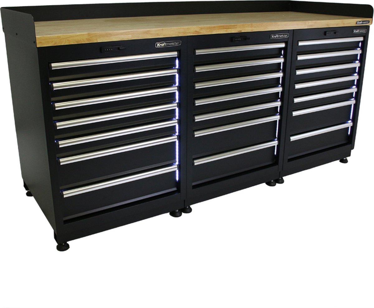 Kraftmeister werkbank 200 cm - Werktafel met 21 laden, led lamp en ...