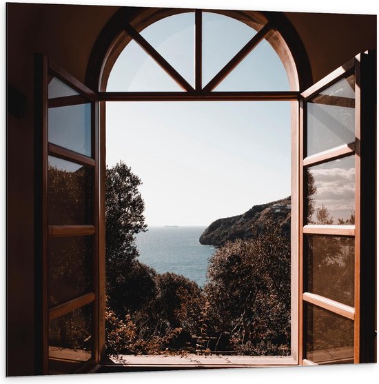 Dibond - Raam met Mooi Uitzicht op de Bergen en Zee - 100x100cm Foto op ...