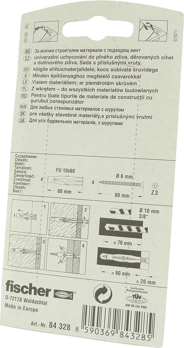 Fischer universele plug FU 10x60 SK voor montage van lampen ...