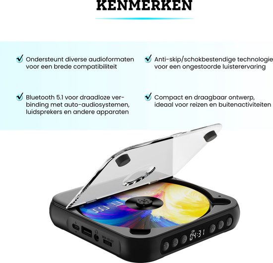 Somstyle Draagbare CD Speler met Bluetooth - EA100 - 3.5 MM Aux - CD ...