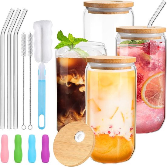 Glazen bekers bamboe deksels rietjes set 4 stuks ijskoffie 16oz 480ml cocktail cadeau | bol