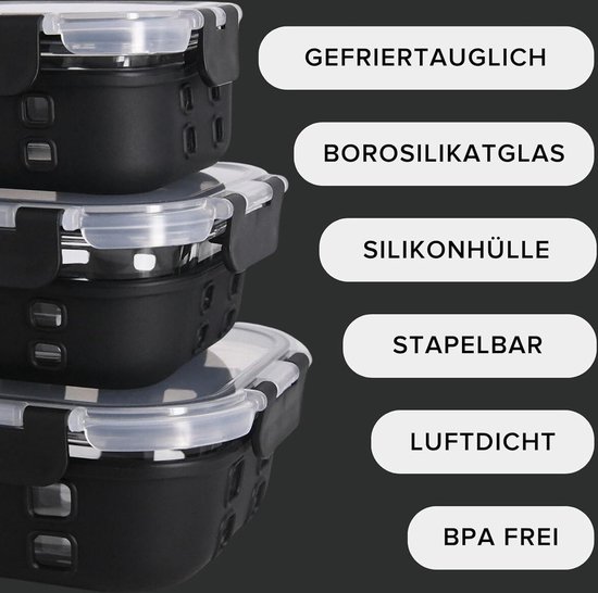 3-Piece Square Glass Lunch Box Set - Airtight and Leak-Proof - Kitchen ...