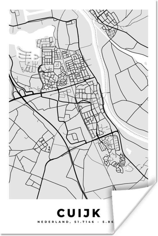 Poster Cuijk - Zwart Wit - Stadskaart - Plattegrond - Kaart - Nederland ...