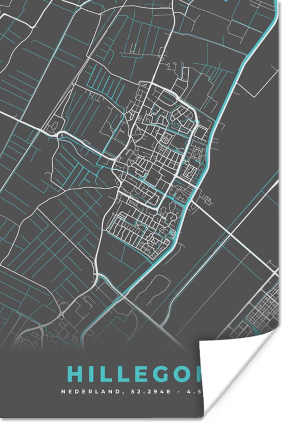 Poster Hillegom - Kaart - Stadskaart - Plattegrond - Blauw - 80x120 cm ...