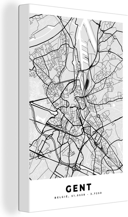 Canvas schilderij 90x140 cm - Wanddecoratie Plattegrond – Gent – Zwart ...