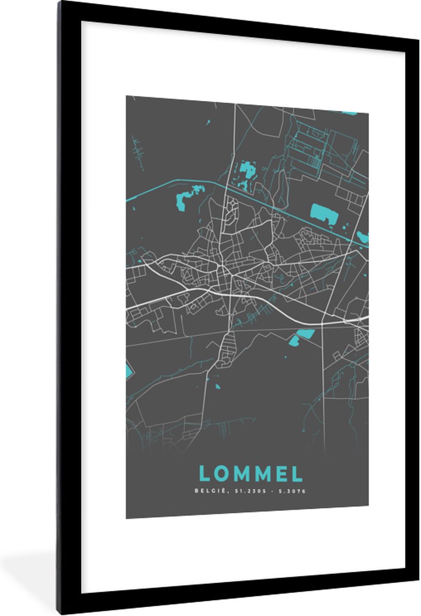 Fotolijst incl. Poster - België – Lommel – Stadskaart – Kaart – Blauw ...