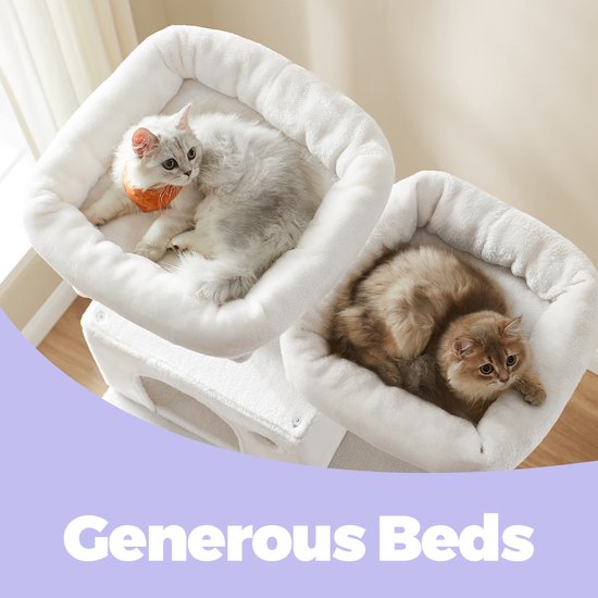 XL Kattentoren – Geperst hout – Crème wit – 13 krabpalen, 2 zitplaatsen ...