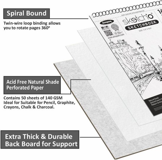 Schetsboek A3 140 g/m² Zuurvrij Papier Draadgebonden voor Tekenen en ...