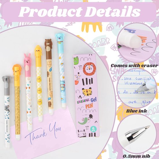 6 Pcs Erasable Ballpoint Pen Set - Cartoon Rollerball Pen - Erasable ...