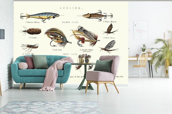 Behang - Fotobehang Een vintage illustratie van meerdere soorten visaas - Breedte 305... | bol.com