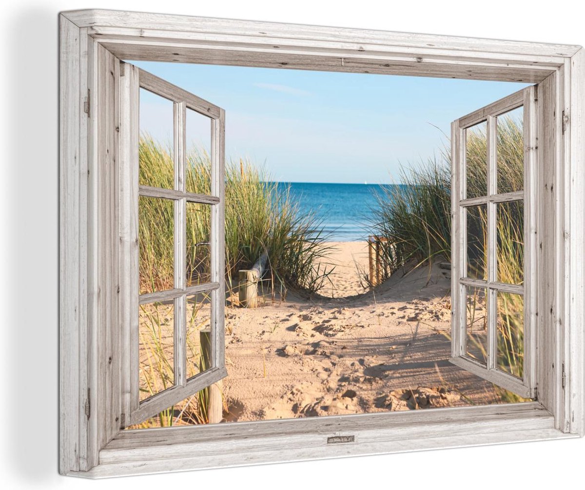 Doorkijk schilderij - Strand - Zee - Duin - Zand - Blauwe lucht - Houten raam - Canvas... | bol.com