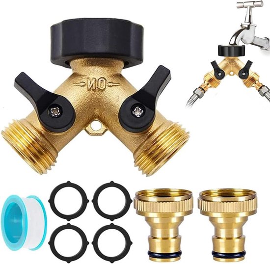 Allecto Plus - Messing Y-verdeler voor tuinslang met waterstroomregelaar - 2-weg -... | bol